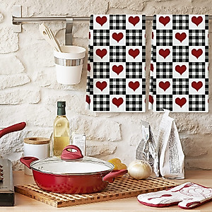 AnyDesign Valentine's Day Kitchen Towel 18 x 28 Buffalo Plaids Love Heart Dish Towel Romantic Sweet Hand Drying Towel Tea Towel for Wedding Anniversary Cooking Baking, Set of 2