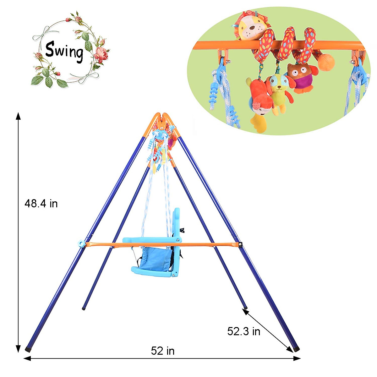 DRM Folding Toddler Swing with Spiral Hanging Toys - Heavy-Duty Indoor Outdoor Baby/Child Swing Set with Safety Seat for 9-36 Months Old