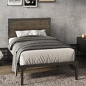 Allewie Twin Size Bed Frame with Wood Headboard, Metal Platform Frame with Strong Slats and Rivet Decoration, Easy Assembly, No Box Spring Needed, Noise Free, Brown