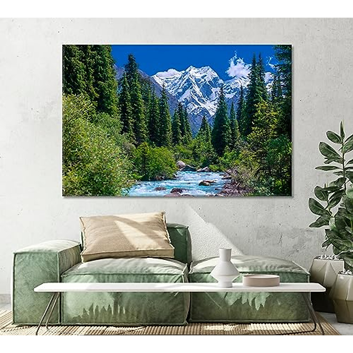 Spruce Forest near a Stormy River and Snowy Mountains Kyrgyzstan Canvas Print 3 Panels / 36x24 inches