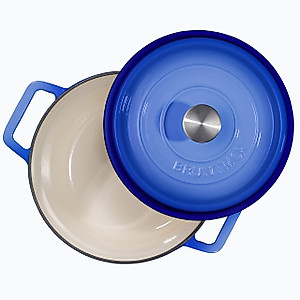 Bruntmor Pre-Seasoned 6.5 qt Enameled Cast Iron Round Dutch oven, 6.5 Quart Dutch Ovens Pot with Lid and Handle, Cast Iron Skillet, Heavy Duty Casserole Dish, Hand wash only, Duke Blue