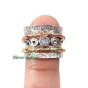 Infinity Design 925 Sterling Silver Spin Spinner Ring Rainbow Moonstone Gemstone Ring Meditation Jewelry (6)