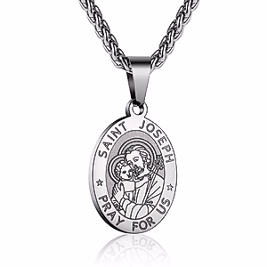 P. BLAKE Stainless Steel St. Saint Joseph Medal Necklace Catholic Saint Joseph Pray for Us Pendant with Chain