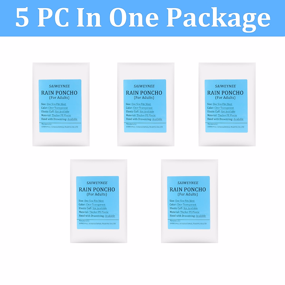 SAIWEYNEE Disposable Rain Ponchos For Adults- Transparent Waterproof Ponchos With Hood,Emergency Rain Gear for Camping,Hiking,Walking,Watching Games,Visiting Theme Park, 5 Pack
