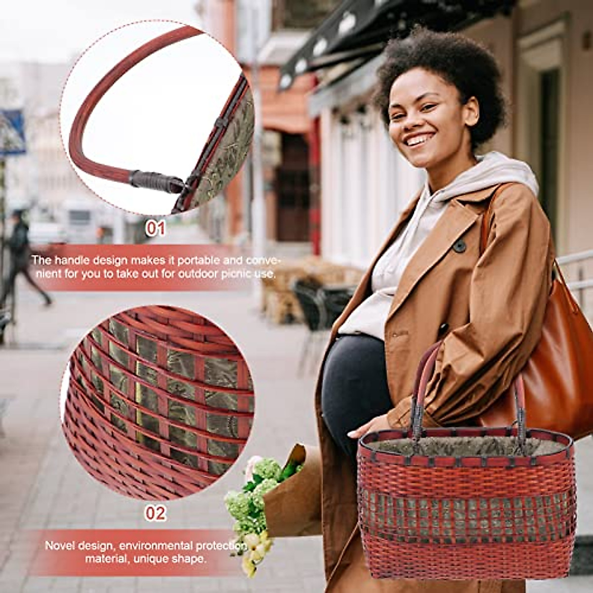 ERINGOGO Wicker Basket Woven Baskets Women Woven Bags Summer Beach Large Tote Bag Handmade Woven Shoulder Crossbody Handbag French Basket Bag Organizer Weaved Basket Woven Baskets