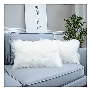 LIGICKY Decorative Lumbar Soft Faux Fur Throw Pillow Cover Luxury Series Rectangle Plush Pillow Case Cushion Cover for Couch Sofa Bed (12" x 20", White)