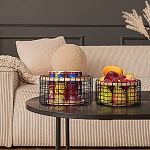 Bamboo Fruit Basket, 2 PCS Fruit Storage Basket Countertop for Kitchen, Counter Metal Wire Vegetable Produce Storage Baskets for Kitchen, Fruits Stand Holder Organizer for Bread Snack Veggies, Black
