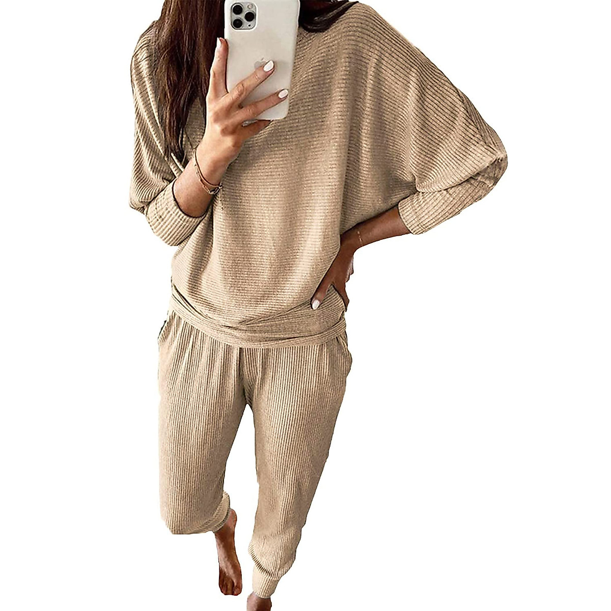 PRETTYGARDEN Women's Fall Fashion Outfits 2 Piece Sweatsuit Long Sleeve Pullover Long Pants Ribbed Matching Lounge Set (Khaki,Medium)