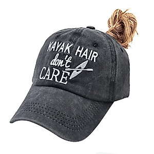 Waldeal Women's Kayak Hair Don't Care Embroidered Ponytail Hat, Adjustable Dad Hat Washed Baseball Cap Black