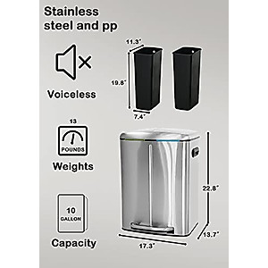 BIQWBIC 10 Gallon Dual Trash Can for Recycling and Trash, Stainless Steel Recycle Trash Can with 2 x 5 Gallon (40 L) Removable Inner Buckets, Pedal Recycling Bin for Kitchen, Soft Closure