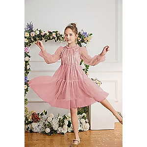 GRACE KARIN Girls Pink Dress Mesh Long Sleeve Flared Party Dresses Size 5-6 Fall Flower