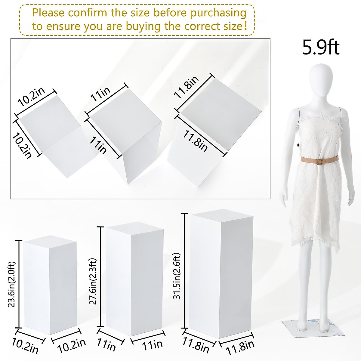 Vincidern 3PCs Metal Pedestal Stand for Party, White Display Pedestal Stands Pillars for Wedding, Sculpture Display Stand Column Decoration Pedestal Cube