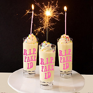 JUSTOTRY 21st Birthday Pink Shot Glass - RIP FAKE ID 21st Birthday Gifts for Her 2oz Shot Glass Best 21 Birthday Decorations Gifts Ideal for Women 21 Decorations