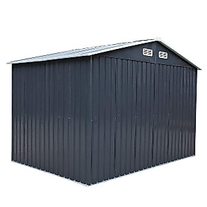 BWM.Co 6.3' x 9.1' Large Outdoor Backyard Storage Sturdy Garden Tool Shed Utility Lawn Building Organizer w/Gable Roof, Lockable Sliding Door, 4 Vents, Stable Base - Dark Grey