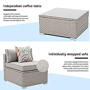 SUNBURY 5-Pieces Outdoor Furniture Set, All-Weather Wicker Patio Conversation Sets Sectional Sofa w 3 Pillows, Cushions, Coffee Table, Ottoman, Patio Furniture Set for Backyard Garden Pool (Grey)