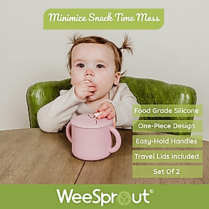 WeeSprout Snack Containers, Food Grade Silicone Cups, Spill-Proof Tops For Toddlers and Babies, Premium Hard Plastic Travel Lids, Dishwasher Safe, Set of 2 Snack Catchers