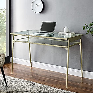 Walker Edison Olivia Contemporary 2 Tier Glass Top Metal Desk, 48 Inch, Gold