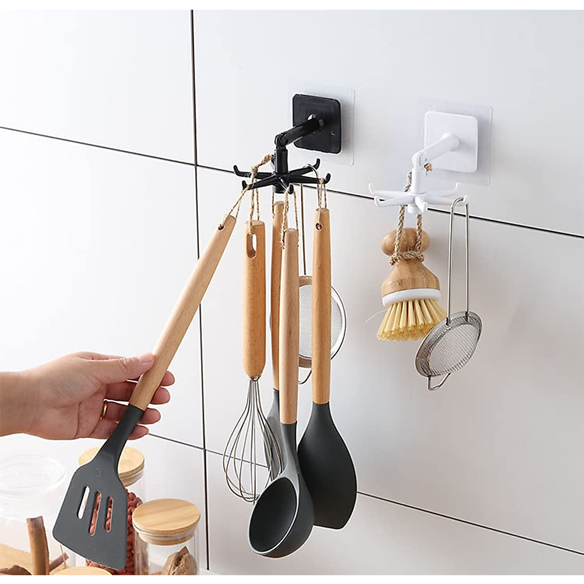 Fengirl Kitchen Utensil Hanger with 6 Hooks, Under Cabinet Utensil Holder Hanger Hook for Kitchen and Bathroom, 360° Rotatable Space Saving No Drilling Nail Free Organizer Hook, 2 Pack (Black)