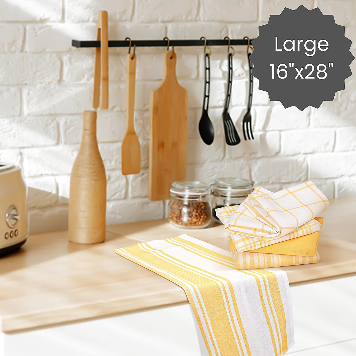 Cotton Clinic Assorted Kitchen Towels 5 Pack – Soft Absorbent Quick Drying Table & Kitchen Linen - Dish Towels, Dish Cloths, Tea Towel and Cleaning Towel with Hanging Loop – 16x28 / Yellow White