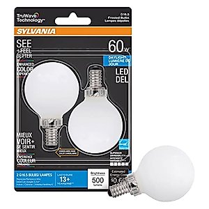Sylvania LED TruWave Natural Series Décor G16.5 Light Bulb, 60W Equivalent Efficient 5.5W, Candelabra Base, Dimmable, Frosted, 5000K, Daylight - 2 Pack (40801) Soft White