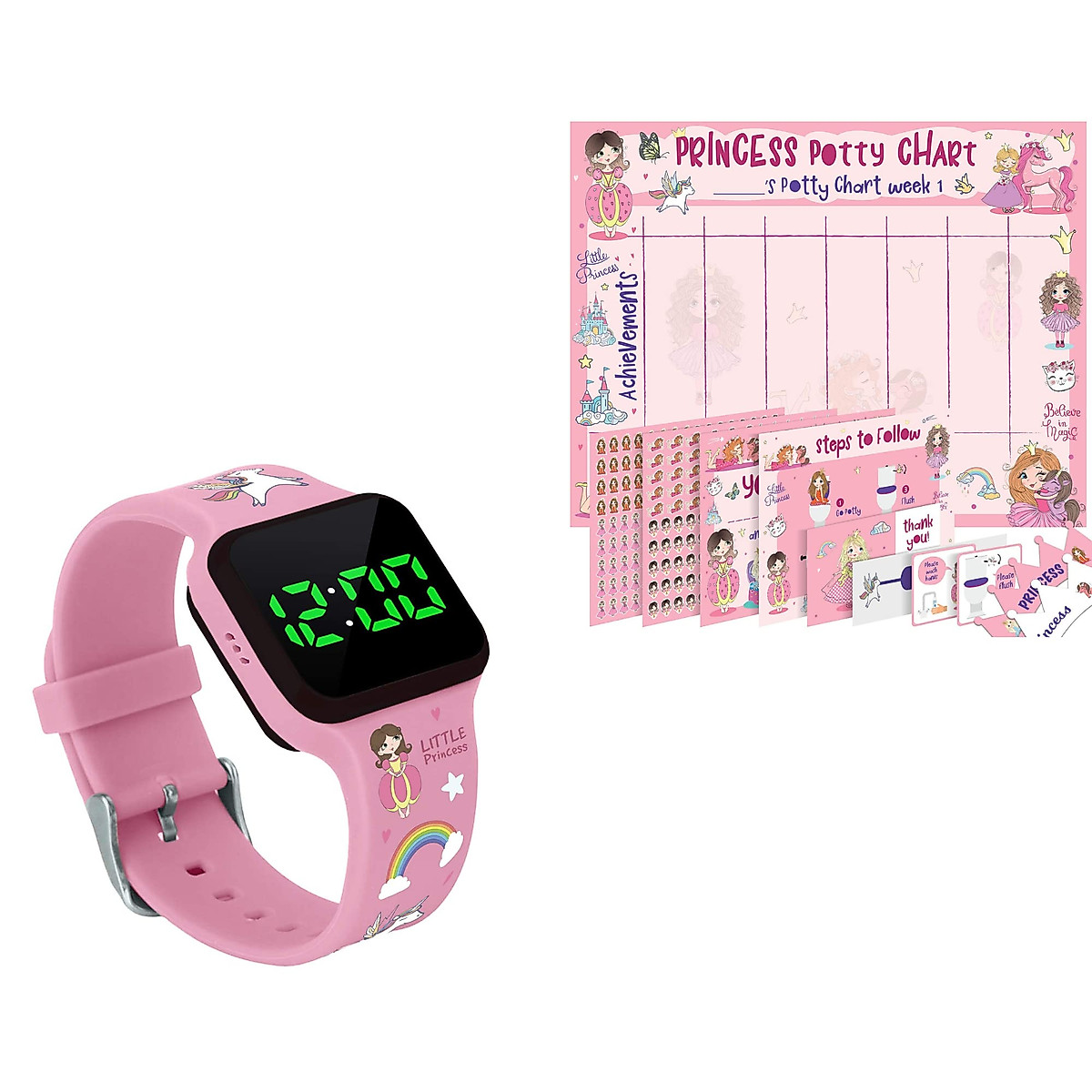 ATHENA FUTURES Potty Training Count Down Timer Watch - Princess Pink and Potty Training Chart for Girls - Princess and Unicorn Design