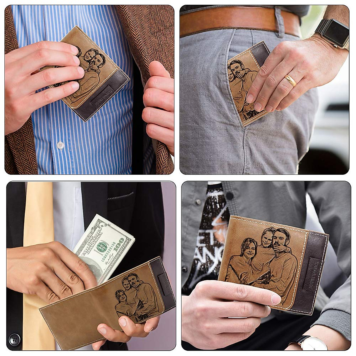 Amlion Personalized Custom Wallets, Engraved Leather Photo Wallet for Men Dad Husband Brown