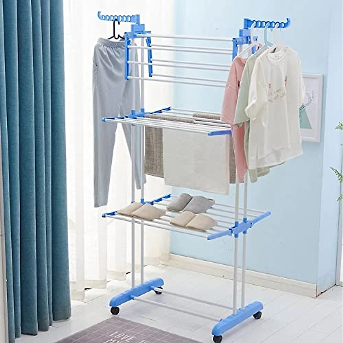WXFKLDJ 4-Tier Clothes Drying Rack, Movable Clothes Drying Rack with Casters for Indoor/Outdoor for Drying Clothes, Bed Covers, Shoes, Sofa Covers