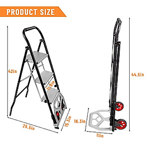 2 in 1 Aluminum Hand Truck & Ladder 3 Step Ladder Step Stool for Adults with Wide Anti-Slip Pedal and 6’’ Rubber Wheels, 330lbs Capacity Sturdy Steel Ladder Portable Steel Step Stool Dolly