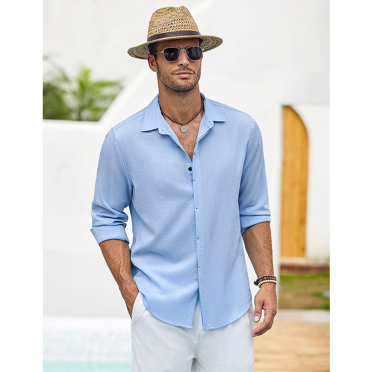 COOFANDY Men's Summer Beach Vacation Shirt Long Sleeve Shirt Business Work Shirts Clear Blue