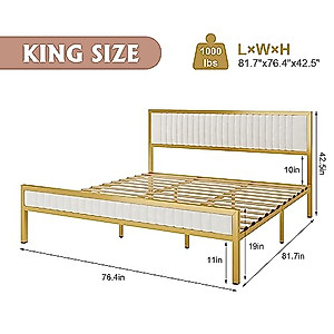 HOMFAMILIA King Size Bed Frame with Headboard, Upholstered White and Gold Platform Bed Frame w/LED Lights and Under-Bed Storage, No Box Spring Needed, Noise Free, Easy Assembly