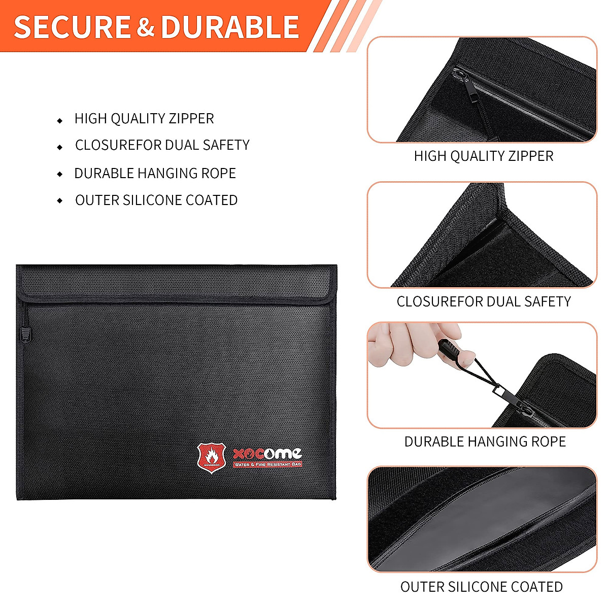 2 Pcs Fireproof Document Bags, File Storage Organizer Bag 15 x 11in/9 x 7 in Set Non-Itchy Silicone Coated Fire Resistant Bag for File Cash Jewelry Money and Valuables