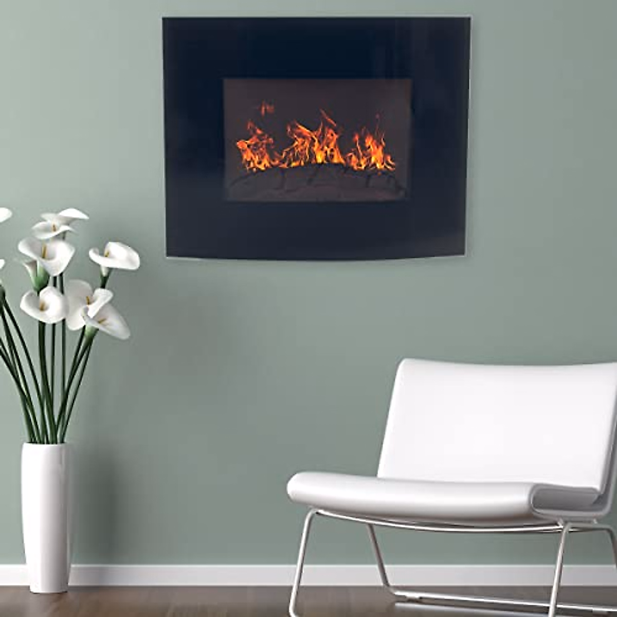 25.5-Inch Wall Mounted Electric Fireplace - Curved Glass Heater with Log Fuel Effect, Adjustable Flames, and Remote Control by Northwest (Black)