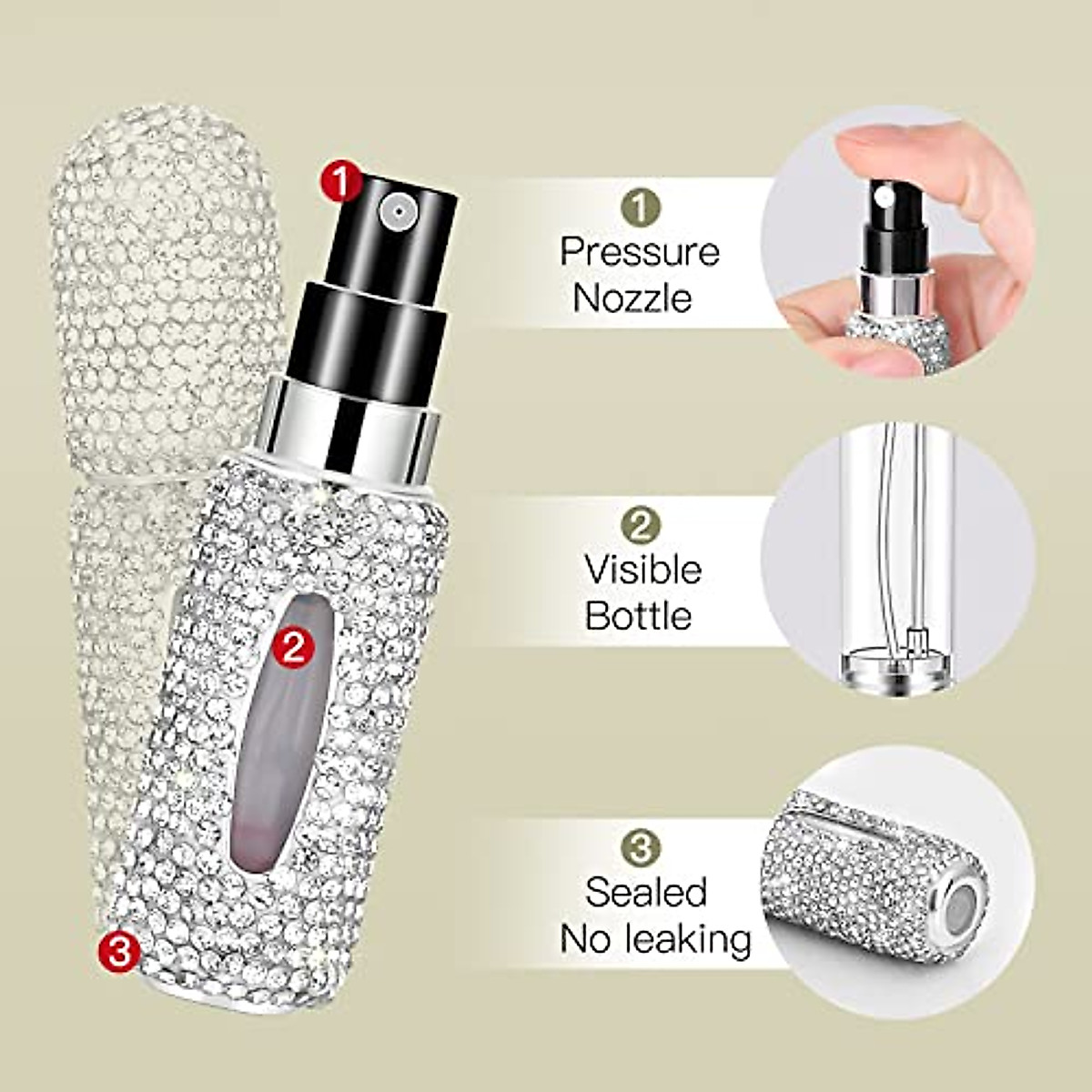 SAVORI Rhinestone Perfume Travel Refillable Perfume Atomizer Bottle Bling Portable Mini Perfume Spray Dispensers (White + Pink + Red 3 Pack)