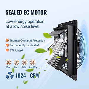 VEVOR 14'' Exhaust Fan with Temperature Humidity Controller, 1513 CFM, 10-Speed Adjustable Wall Mount Attic Fan, Ventilation and Cooling for Greenhouses, Garages, Sheds, ETL Listed
