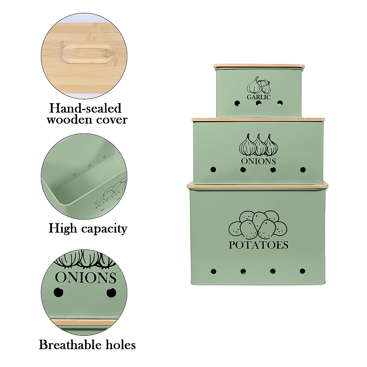 Xbopetda Canister Sets for Kitchen Counter, Kitchen Canisters Set of 3 for Potato Onion Garlic, Kitchen Storage Bin Jars Pots with Aerating Tin Storage Holes & Wooden Lid (Green)