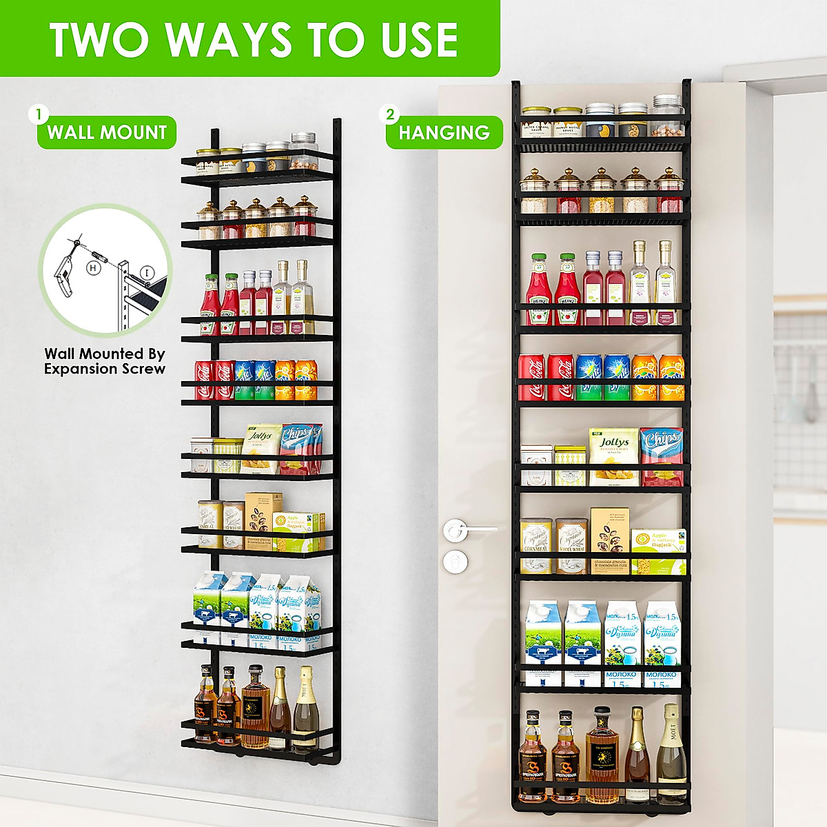 RUILALIFE Over-The-Door-Organizer Storage, Adjustabl Back of Door Organization for Bedroom Closet Bathroom, Wall Mount Spice Rack, Behind The Door Hanging Shelves (White)