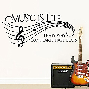 Home Find Musical Notes Wall Decals Music is Life That's Why Our Hearts Have Beats Stickers for Kids Bedroom Music Room Dance Room Vinyl Art Decor House Decorations (Black 51.1 inches x 22 inches)