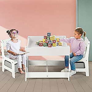 Kinder King Kids Wood Table & 2 Chairs Set, 3 in 1 Children Activity Table w/Storage, Removable Tabletop, Blackboard, 3-Piece Toddler Furniture Set for Art, Crafts, Drawing, Reading, Playroom, Grey