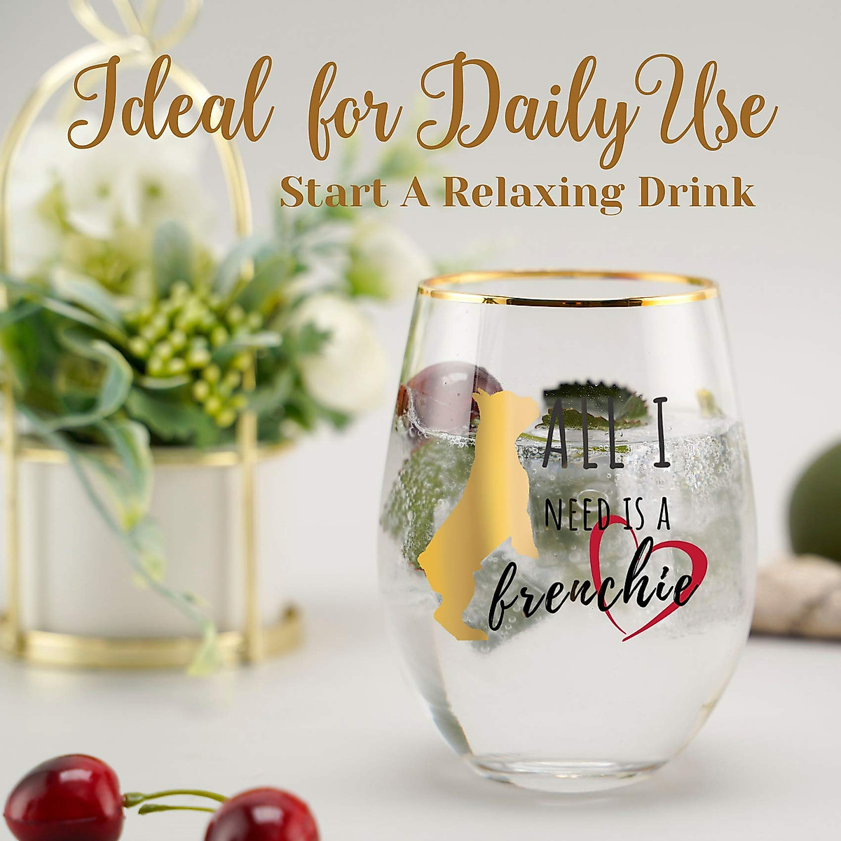 Onebttl French Bulldog Gifts for Women, Frenchie Gifts for Frenchie Mom, 17 oz Stemless Wine Glass - All I Need is a Frenchie