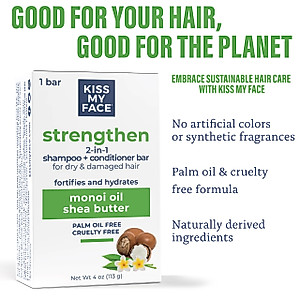 Kiss My Face Strengthen 2-in-1 Shampoo + Conditioner Bar - Palm Oil-Free, All Hair & Skin Types, Cruelty-Free Shampoo and Conditioner Bar for Dry & Damaged Hair with Monoi Oil and Shea Butter