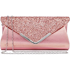ZIUMUDY Sparkly Glitter Evening Envelop Clutches Shoulder Chain Bags Bridal Wedding Clutch Purse Wallet (Pink)