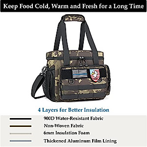 Hxy Ang Tactical Lunch Box for Men, Large Leakproof Insulated Lunch Bag, Heavy Duty Lunch Cooler Bag with MOLLE Lunch Pail for Work Camping Fishing Picnic (Black-Camo, 14L)