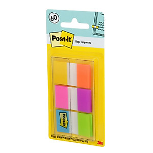 Post-it Flags, 60/On-the-Go Dispenser, .47 in Wide, Alternating Electric Glow Collection (680-EG-ALT)