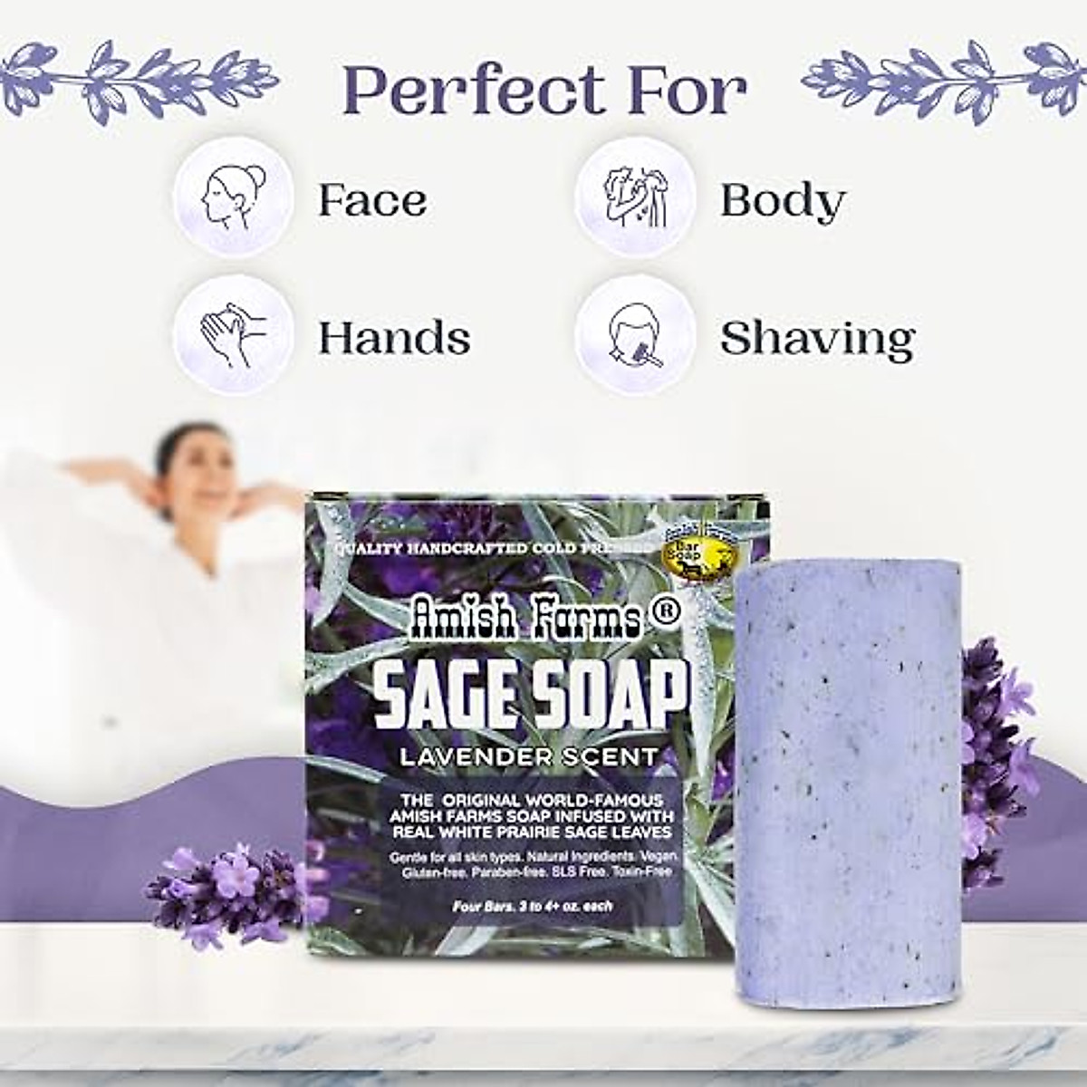 Amish Farms Natural Soap Bar, Exfoliating Sage, Lavender Scent, Made in USA - Vegan Face & Body Soap Scrub for Sensitive Skin - No Parabens or SLS Soap, Handmade Soap (4 Bars)