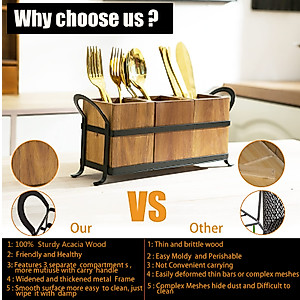 NelyBet Utensil Caddy Silverware Cutlery Holder with 3 Compartment , Wooden Utensil Crock Flatware Organizers with Metal Tray , Rustic Kitchen Utensil Organizers Storage Box usded for Farmhouse Kitchen Decor and Countertop