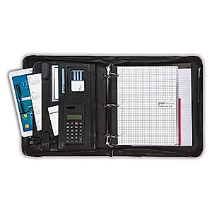 Samsill Professional Padfolio/Portfolio with Zippered Closure Case, 2 Inch Removable Round Ring Binder, Retractable Handles, Interior 10.1” Tablet Sleeve, Black