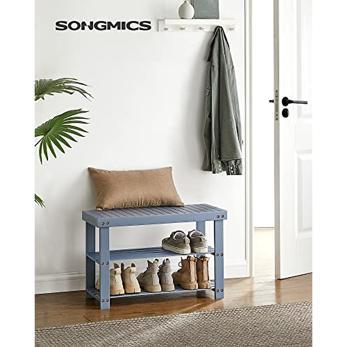 SONGMICS Shoe Rack Bench, 3-Tier Bamboo Shoe Storage Organizer, Entryway Bench, Holds Up to 286 lb, for Entryway Bathroom Bedroom, Gray ULBS04GY