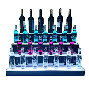 Cozyel 31 Inch 4 Step LED Lighted Liquor Bottle Display Illuminated Liquor Bottle Bar Display Stand LED Display Shelf 4 Tier Home Bar Drinks Lighting Shelves with Remote Control, Adapter