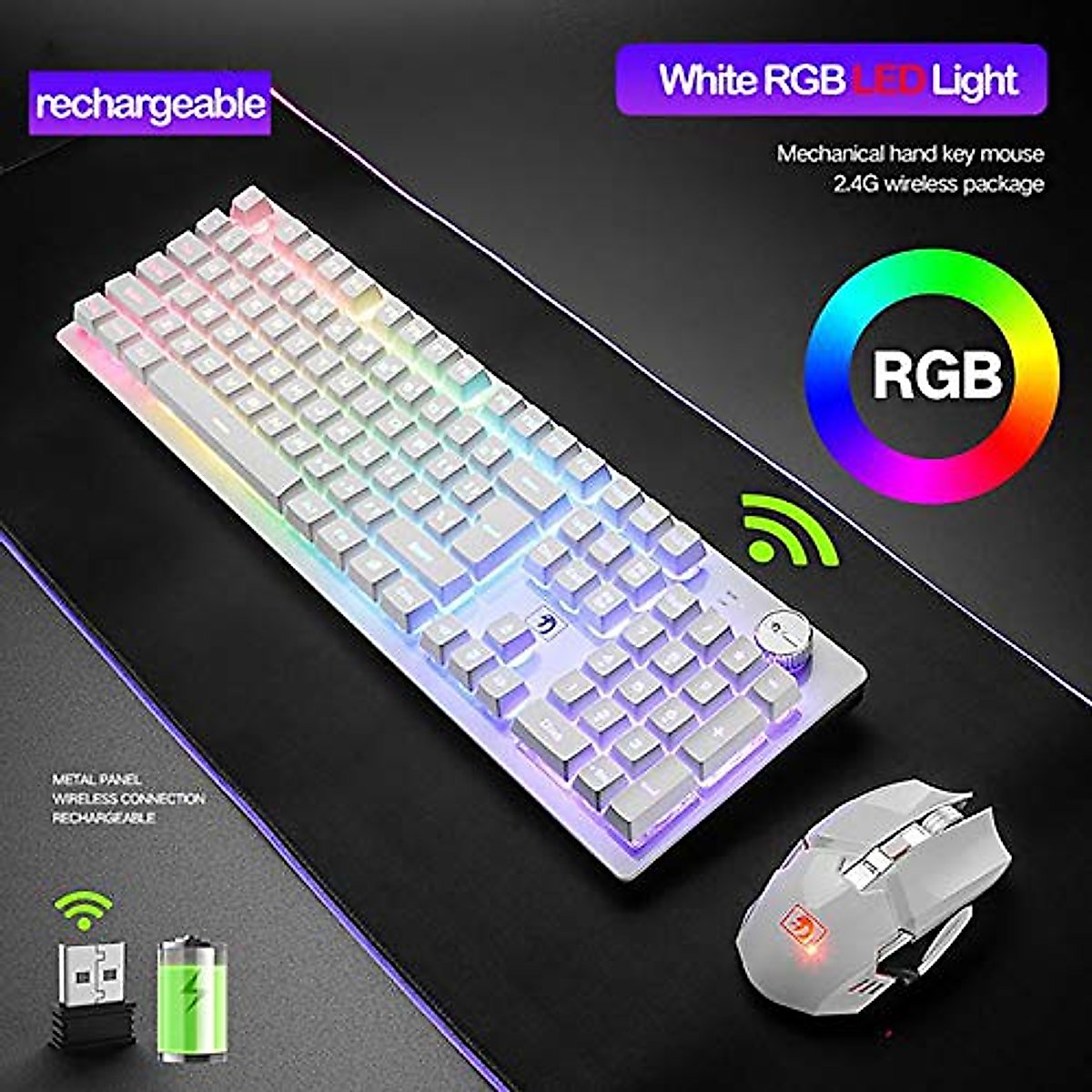 Wireless Rechargeable Keyboard and Mouse Combo,2.4G Full-Size Mechanical Feel Rainbow Backlit Gaming Keyboards with 7-Key 2400DPl Mice for PC Laptop Computer Gamer(White&RGB Light)