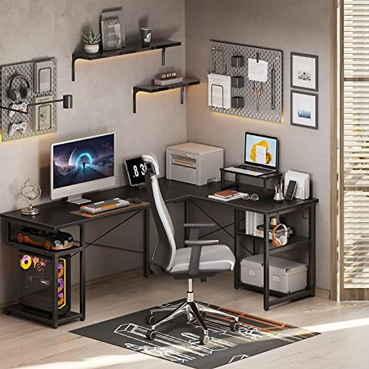ODK 66" L Shaped Desk Computer Desk with Storage Shelves & PC Stand, Gaming Desk with Monitor Stand, Home Office Writing Desk, Modern Larger Wooden Desk, Black